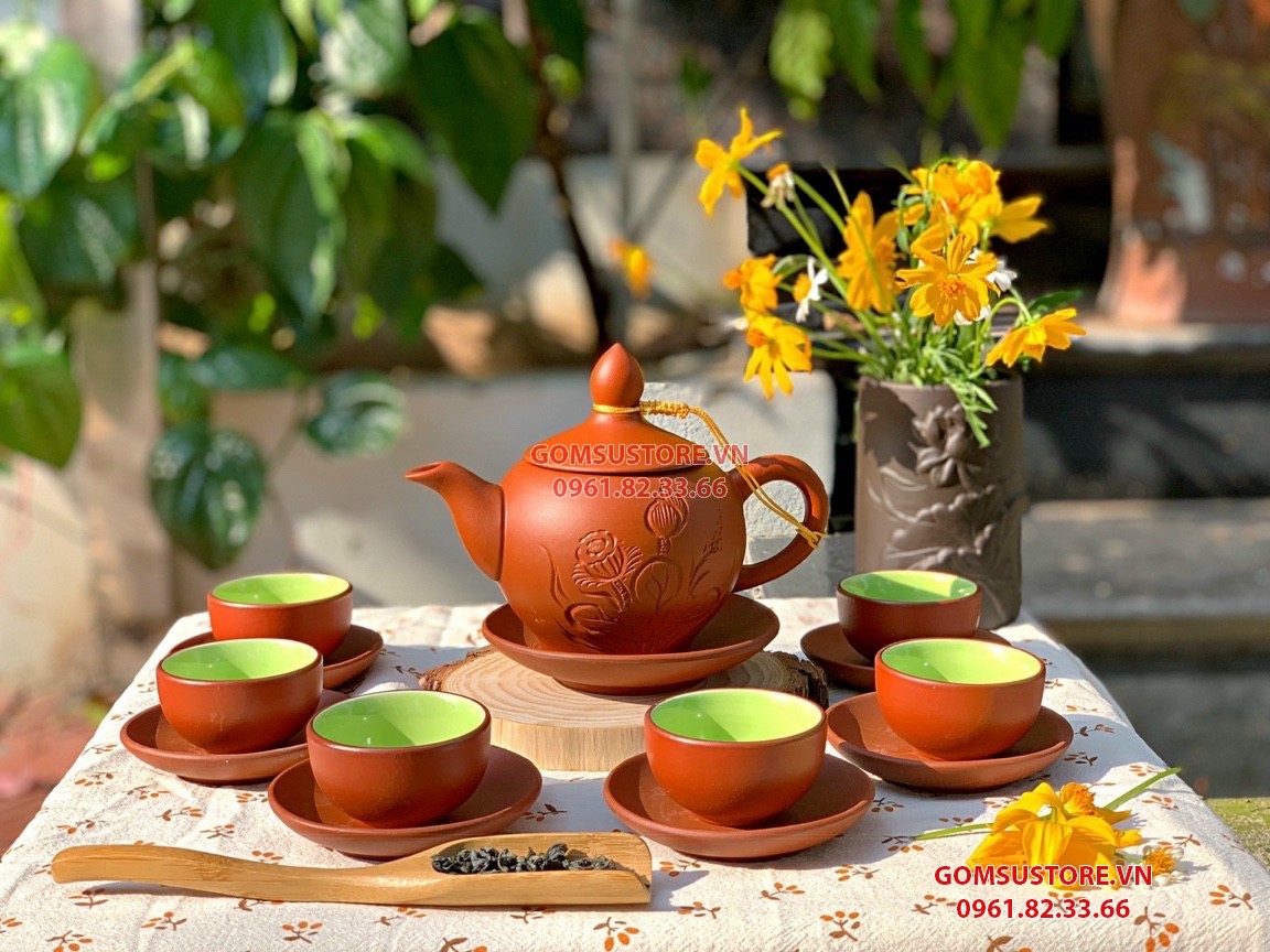 Bộ Ấm Chén Tử Sa Pha Uống Trà Bát Tràng Chóp Sen Tách Lót Màu Đỏ ...